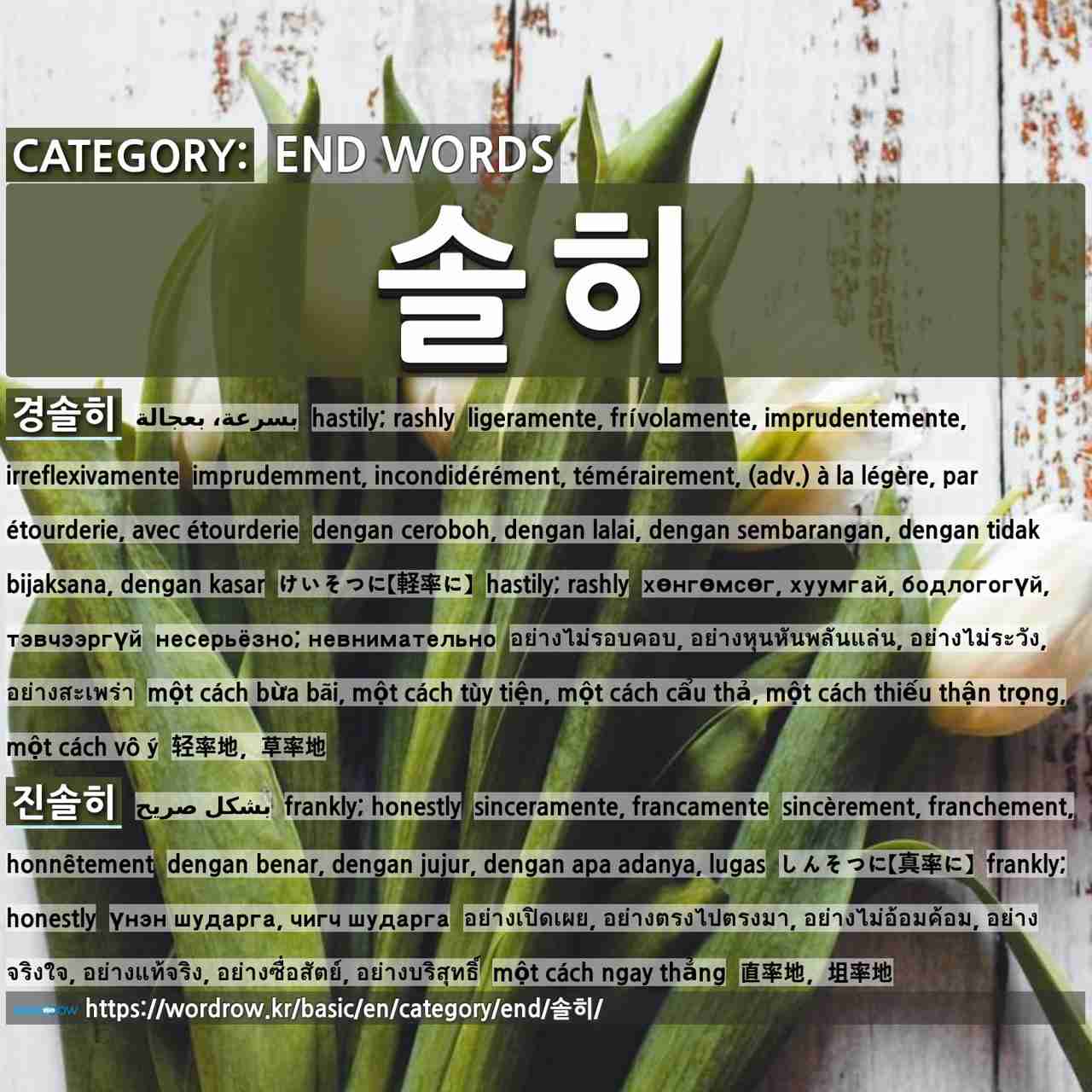 END WORDS[NO_LEVEL]: 솔히: (1)HASTILY; RASHLY[경솔히] (2)FRANKLY; HONESTLY[진솔히]