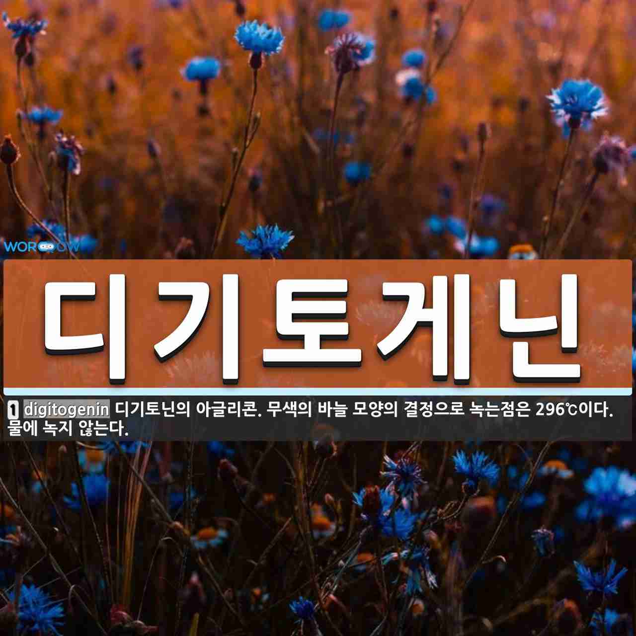 디기토게닌 뜻: 디기토닌의 아글리콘. 무색의 바늘 모양의 결정으로 녹는점은 296℃이다. 물에 녹지 않는다