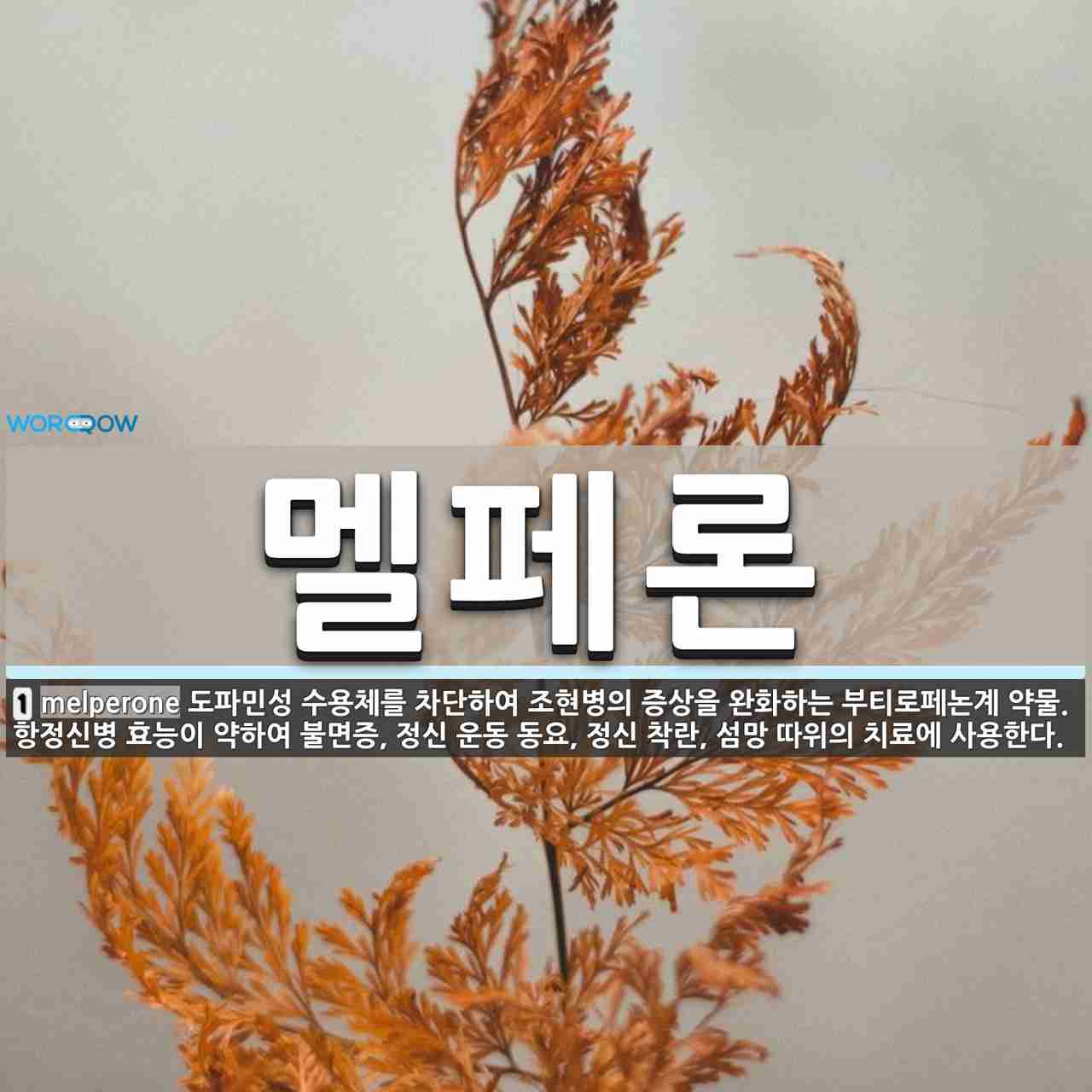 멜페론 뜻: 도파민성 수용체를 차단하여 조현병의 증상을 완화하는 부티로페논계 약물. 항정신병 효능이 약