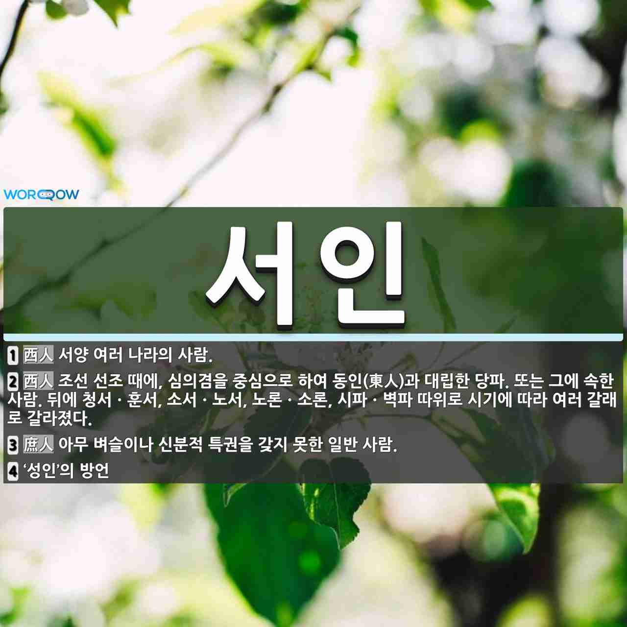 서인 뜻: 서양 여러 나라의 사람., 조선 선조 때에, 심의겸을 중심으로 하여 동인(東人)과 대립한 [국어 사전]